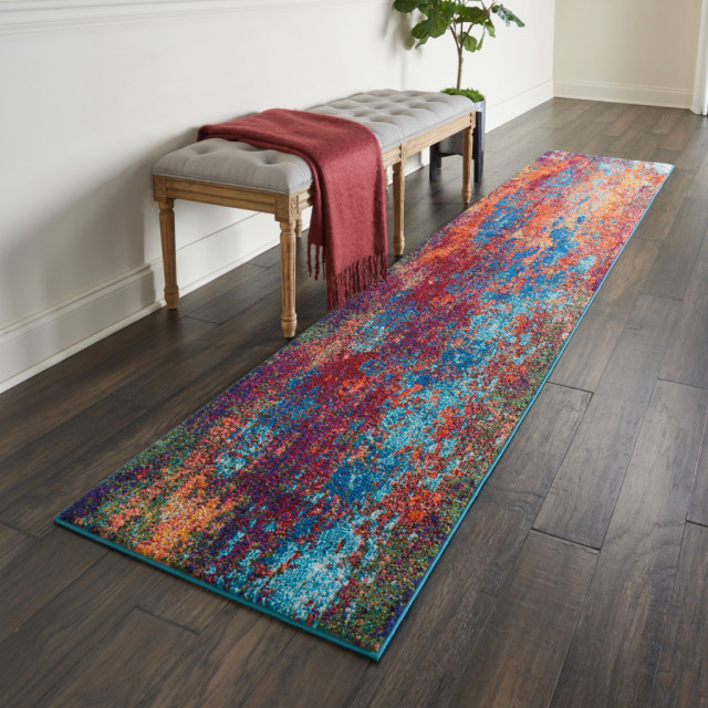 10' Blue and Orange Abstract Power Loom Runner Rug - Contemporary ...