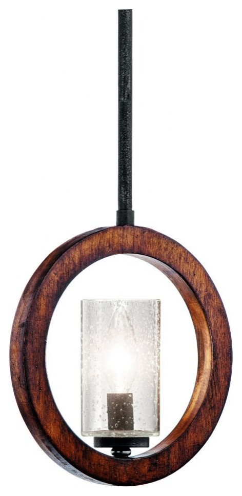 1 Light Farmhouse Faux Wood Mini Pendant Light Fixture Clear Seeded ...