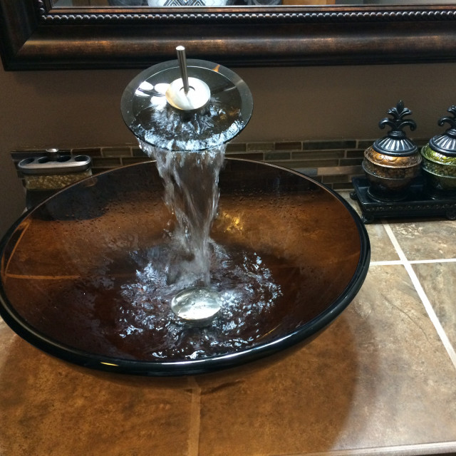 Ty Mini 12" Clear Tea Brown Round Glass Vessel Bathroom Sink with Drain ...