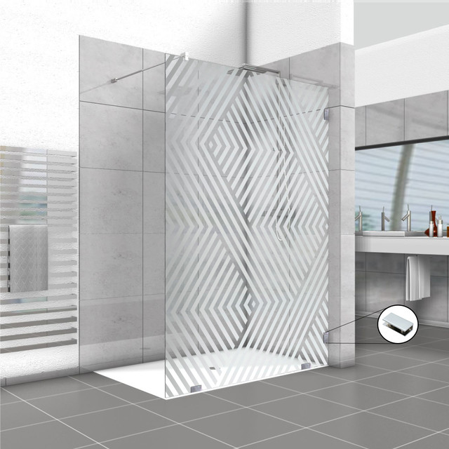 Fixed Shower Glass Screen with Decorative Frosted Sandblasted Design, 37-1/2" X 75 ...