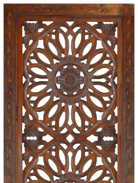 Set of 2 Hand Carved Mango Wood Wall Panels Burnt Brown Medallion ...