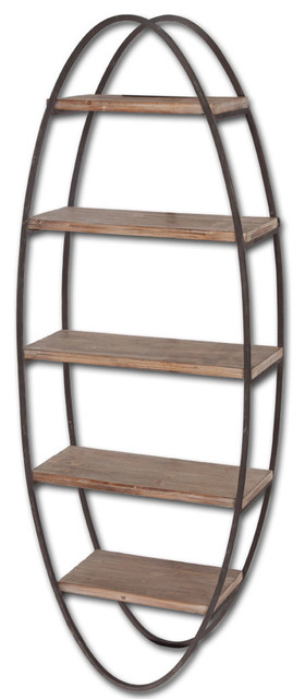 Metort Brown Wood and Black Metal Oval Wall Shelving Unit - Industrial ...