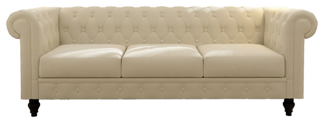 88'' Beige Velvet Rolled Arm Chesterfield Sofa with Black Leg ...