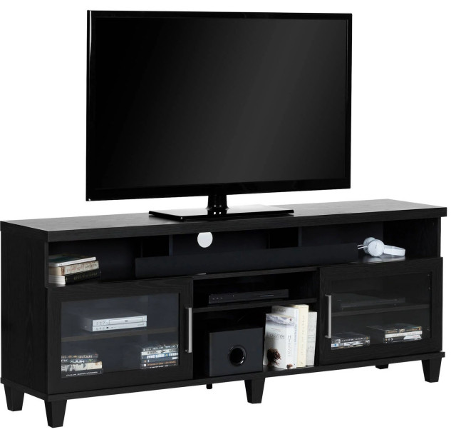 Modern Black TV Stand for 75" TVs with Glass Doors and Open Shelves ...