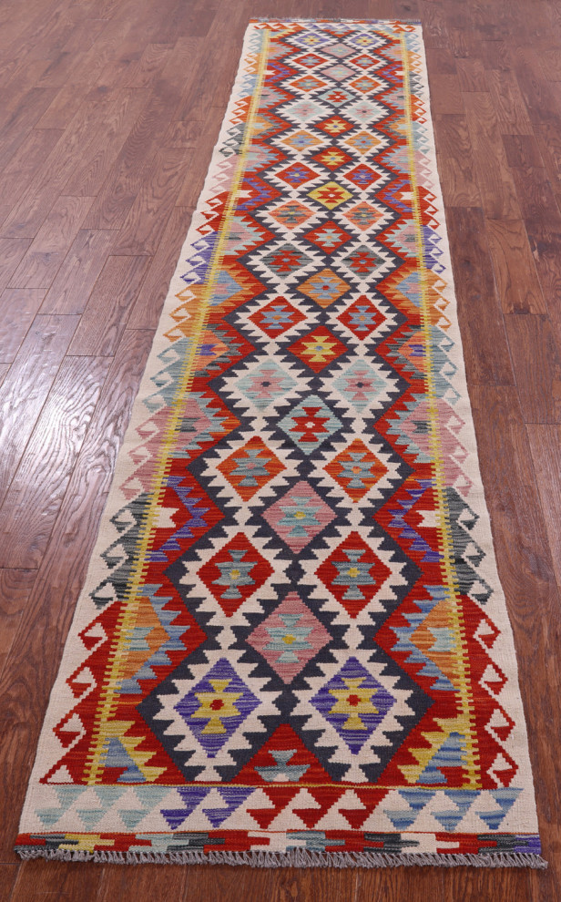 2' 9" X 13' 1" Wool On Wool Reversible Kilim Flat Weave Runner Rug ...
