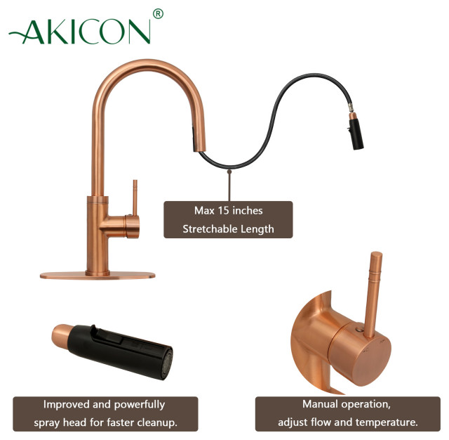 Akicon™ Copper Pull Out Kitchen Faucet With Deck Plate, Single Level ...