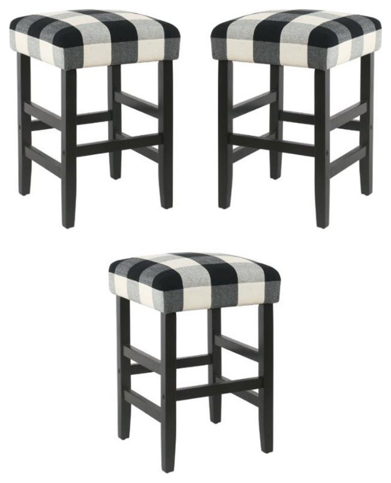 Home Square 24.5" Square Fabric Plaid Pattern Counter Stool in Black ...