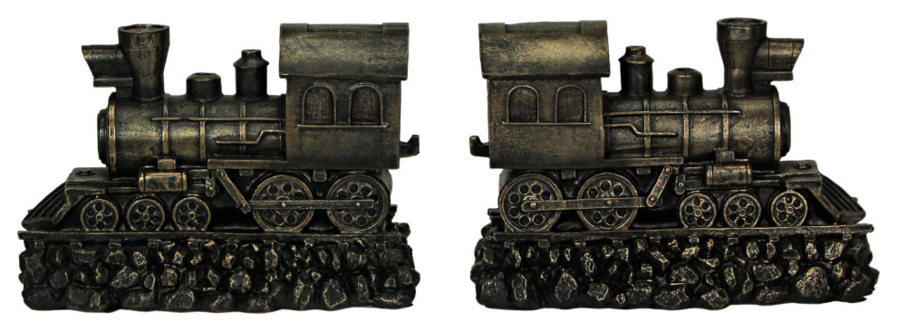Set of 2 Bronze Steam Locomotive Bookends Decorative Resin Train Shelf ...
