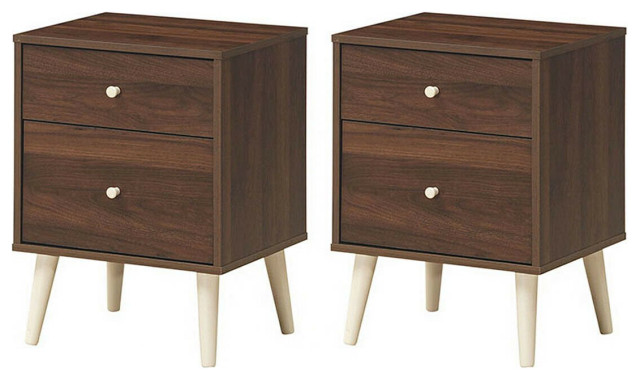 Set of 2 Nightstand, Angled Natural Legs & 2 Drawers With Round Knobs ...