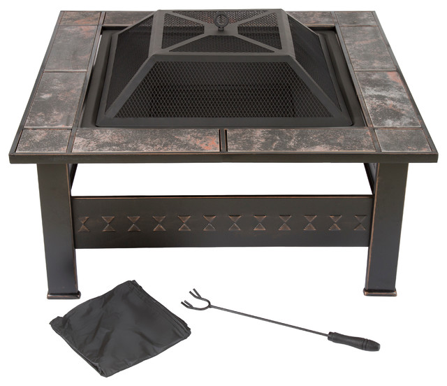 Pure Garden 32" Square Tile Fire Pit With Cover, Bronze Finish ...