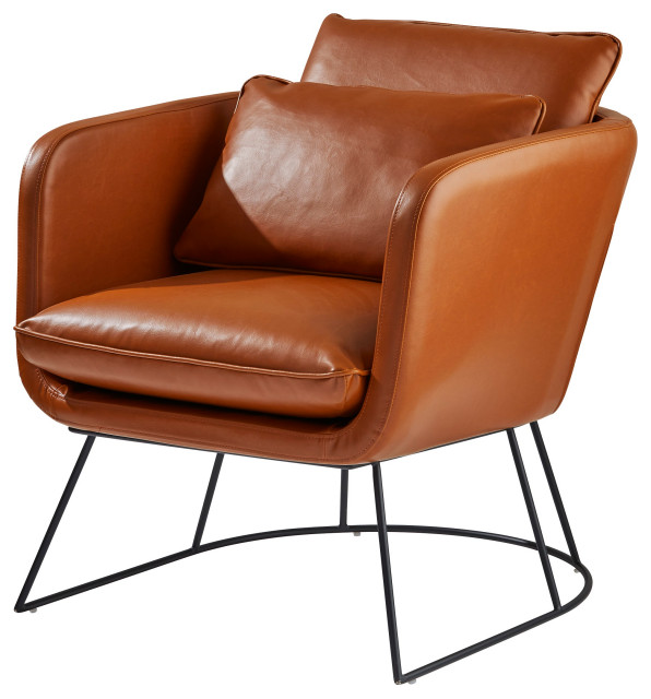 Midcentury Modern Accent Chair, Camel Brown Faux Leather Seat and ...