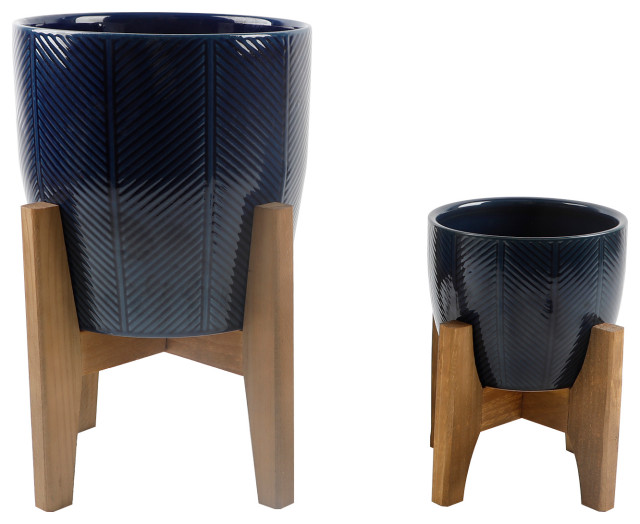 10" and 6.6" Chevron Ceramic Planter On Stand ? Set of 2 - Contemporary ...