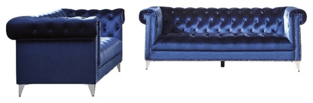 Coaster 2-Piece Upholstery Tufted Tuxedo Arm Velvet Sofa Set in Blue ...