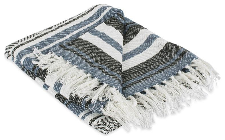 DII 60x50" Modern Cotton Woven Throw with Fringe in French Blue/Black ...