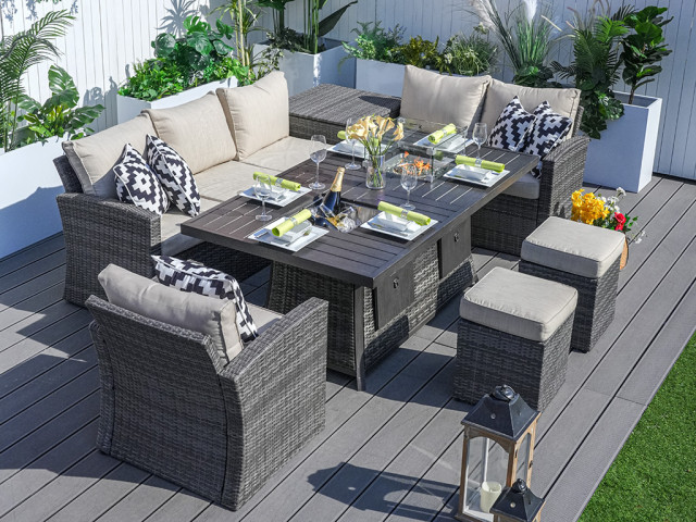 7-Piece Patio Sofa Set with Firepit and Ice Container Dining Table ...