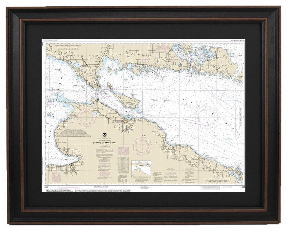 Framed Nautical Chart, Lake Huron, Straits of Mackinac, 24x18 - Beach ...