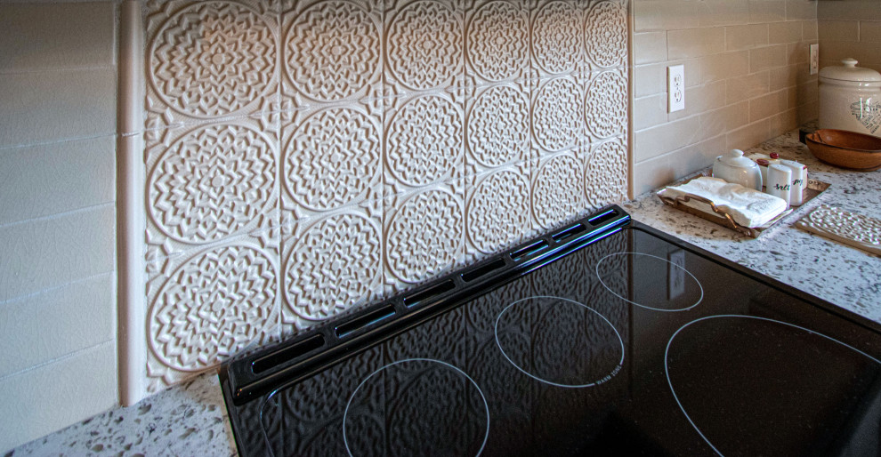 2 Tone Gray Kitchen with Quartz Countertop and Crackle Tile Backsplash ...