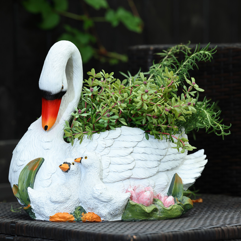 White Resin Swan Family Planter - Contemporary - Decorative Objects And ...