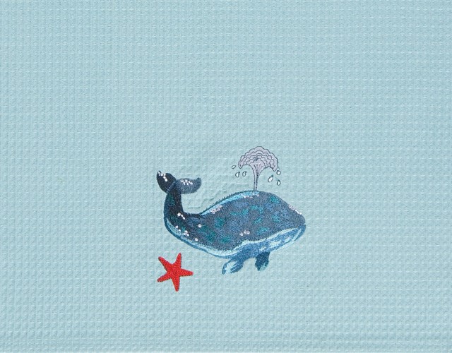 Coastal Blue Whale and Red Starfish on Teal Blue Waffle Weave Kitchen ...