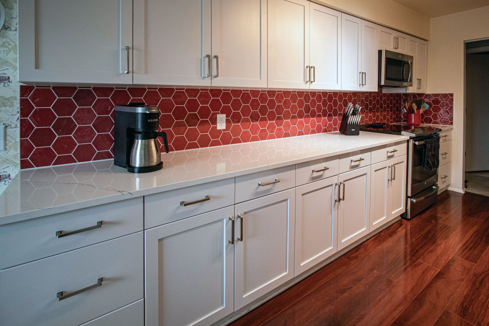 Reface Kitchen Cabinets with Red Hexa Tile Backsplash and Quartz ...