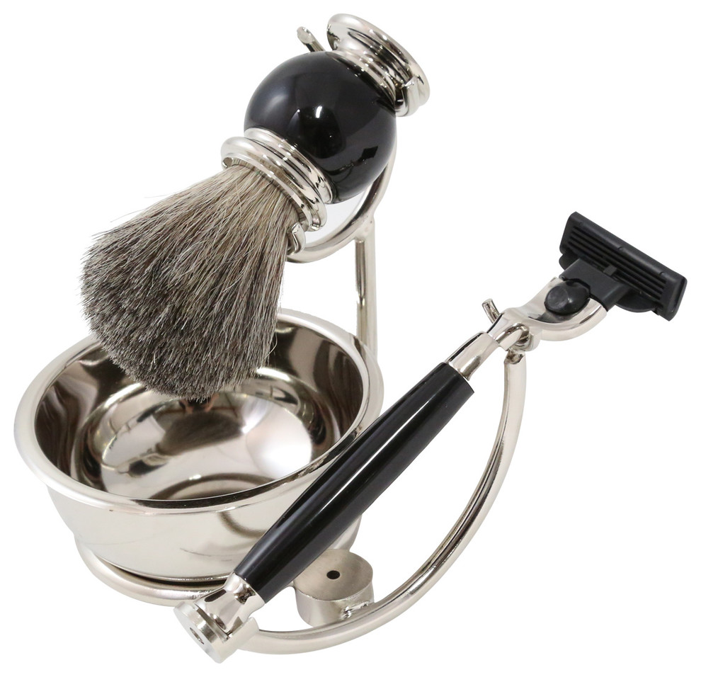 Razor With Badger Brush & Soap Dish On Stand, Black - Contemporary ...