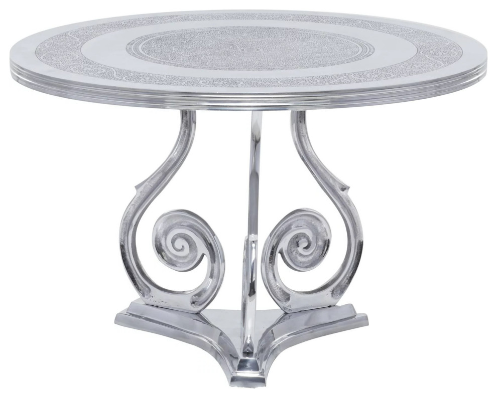 Traditional Aluminum Coffee Table, Silver Finish, Scrolled Base, Round ...