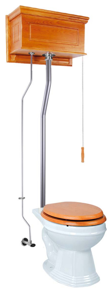 Light Oak Raised High Tank Toilet with White Round Bowl & Satin LPipe ...