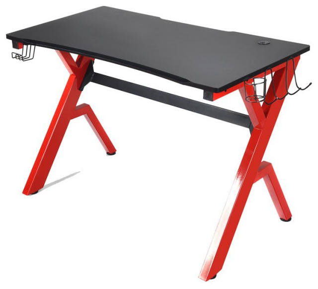 Costway Contemporary MDF and Steel Computer Desk with Cup Holder in Red ...