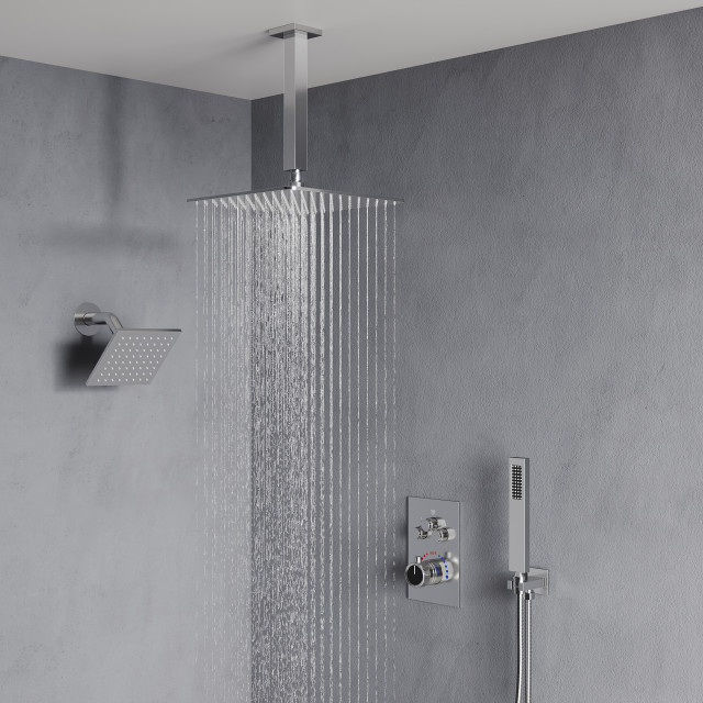 Dual Heads 12" Rain High Pressure Shower System w/ 3 Way Thermostatic ...
