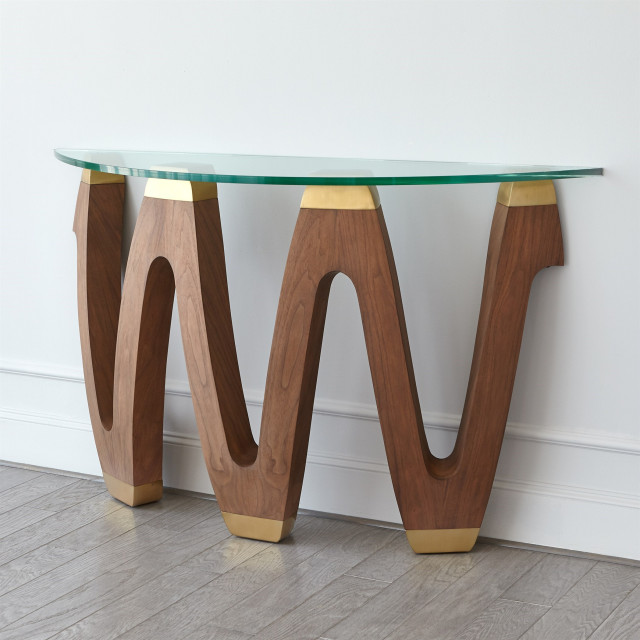 Contemporary Wood Zig Zag Wave Console Table Demilune Walnut Gold Open ...