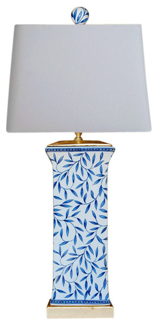 Blue and White Square Floral Leaf Porcelain Vase Table Lamp 28" - Asian ...
