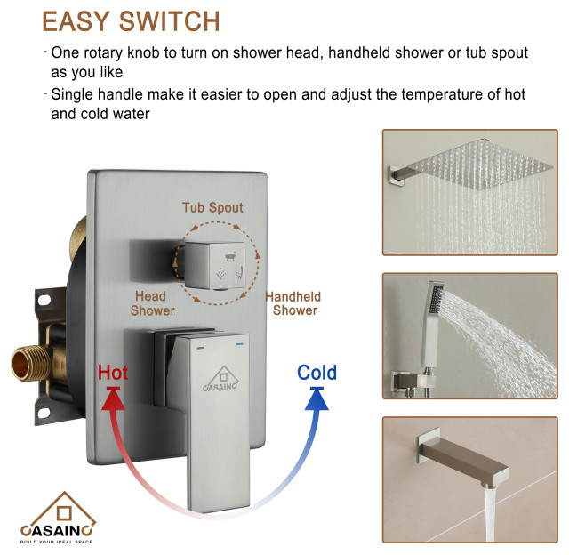 12" Wall Mounted Shower System with Bathtub Faucet,Brushed Nickel ...