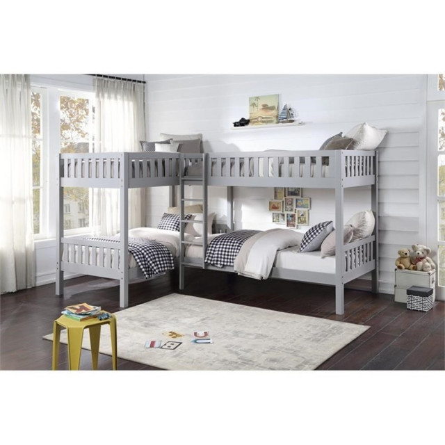 Pemberly Row Transitional Wood Corner Four Twin Bunk Bed in Gray, Twin ...