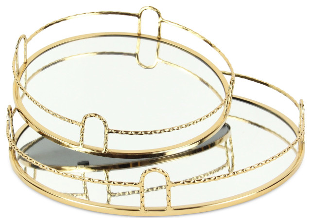 Mianzi Round Quilted Rim Gold Metal Trays (Set of 2) - Contemporary ...
