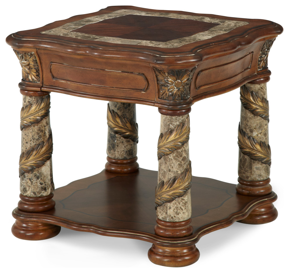 Villa Valencia Wood and Marble End Table, Classic Chestnut - Victorian ...