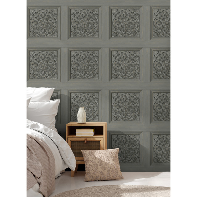 Albie Dark Grey Carved Panel Wallpaper, Swatch - French Country ...
