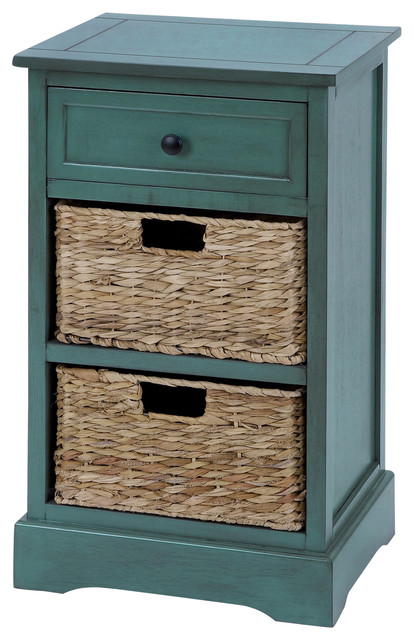 Urban Designs Malibu 3-Drawer Night Stand With Wicker Baskets, Teal ...