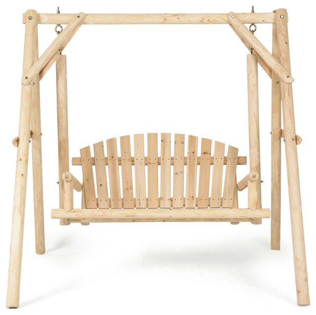 Costway Wooden Porch Swing Outdoor Patio Rustic Log Curved Back Bench A ...