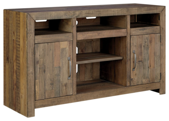 Rustic Gray/Brown 62" TV Stand with Pine Wood, Open Shelves, and ...