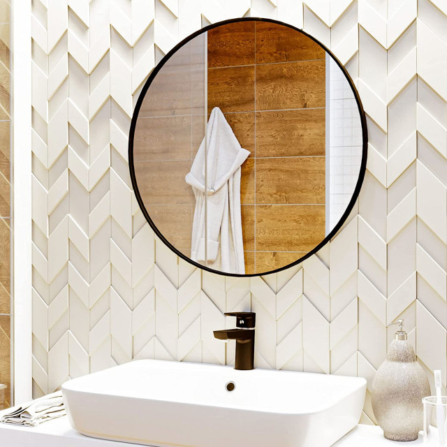 Black Metal Frame 18 Inch Round Mirror - Contemporary - Bathroom ...