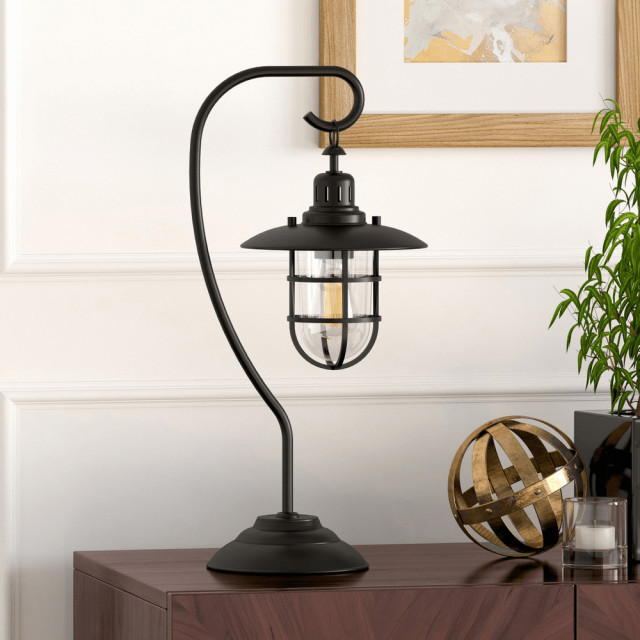 22" Black Metal Arched Table Lamp With Black Cage Shade - Beach Style ...