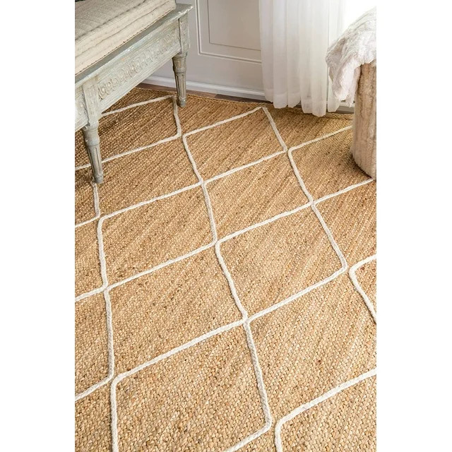 Natural Braided Jute Area Rug with White Diamond Pattern, Farmhouse ...