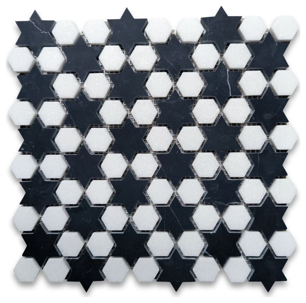 Thassos White Marble Starry Night Hexagram Hexagon Mosaic Tile Black, 1 ...
