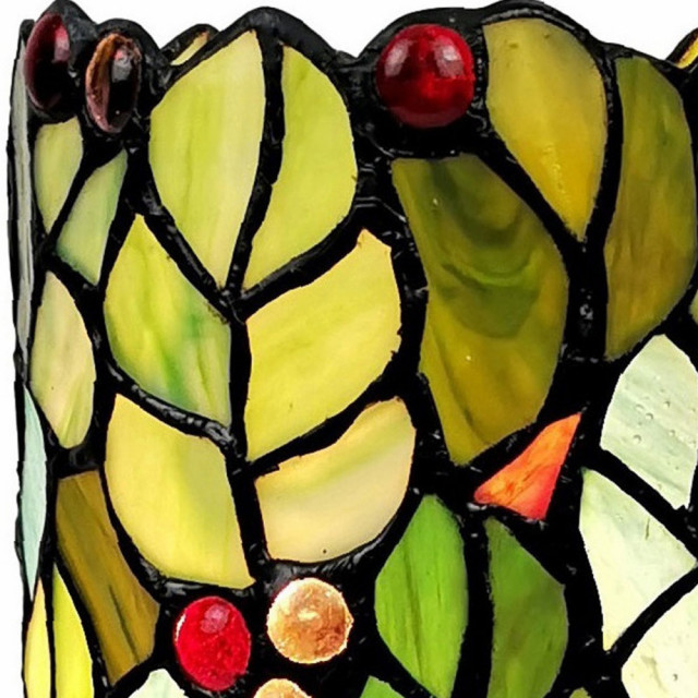 11" Green and Red Leaves and Berries Stained Glass Accent Lamp ...