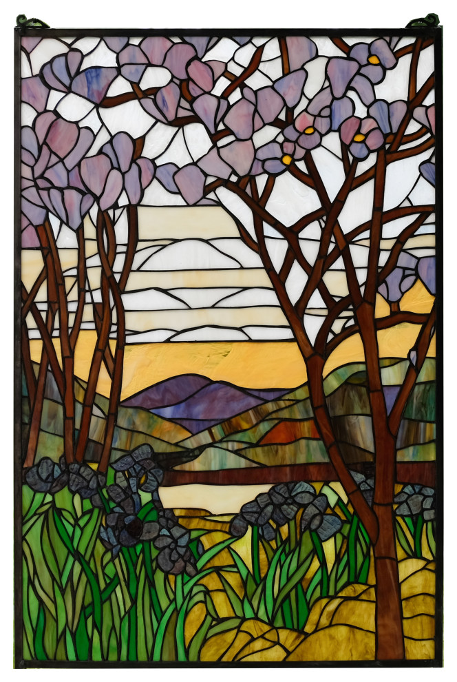 Tiffany Style stained glass window panel Dawn in Valley. 24" x 36 ...
