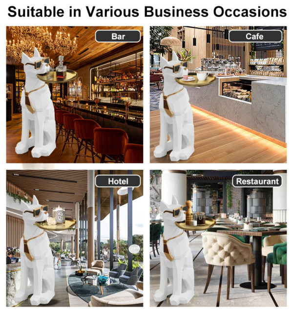 White Resin Dog Sculpture Cute End Side Table With Metal Storage Tray ...