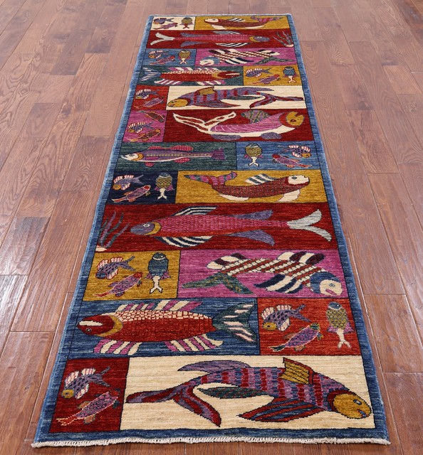 Fish Design Persian Gabbeh Handmade Wool Runner Rug 2' 9" X 9' 8 ...