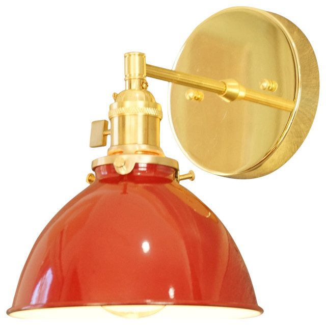 Cottage Time 1-Light Brass Wall Sconce, Red Lamp Shade - Contemporary ...