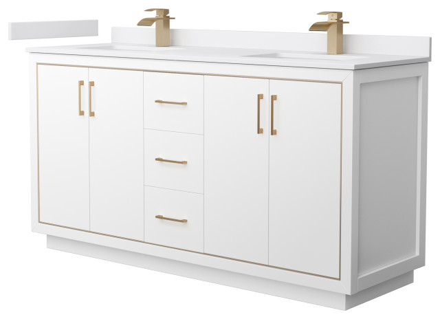 Icon 66" Double Vanity, White, White Cultured Marble Top, Bronze Trim ...