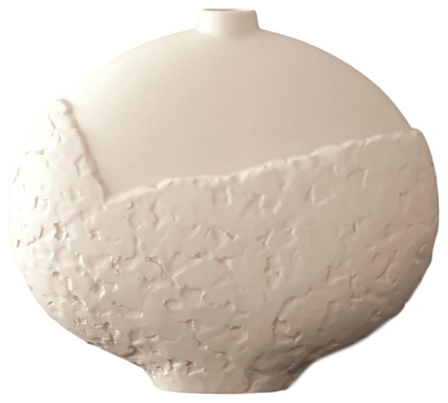 Rustic Modern Rough Textured Flat Round Vase 14" Minimalist White ...